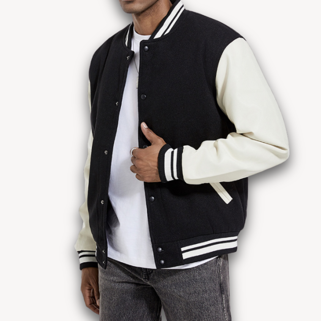 Men's Varsity Jacket - Wool Blend Body with Faux Leather Sleeves - Cla ...