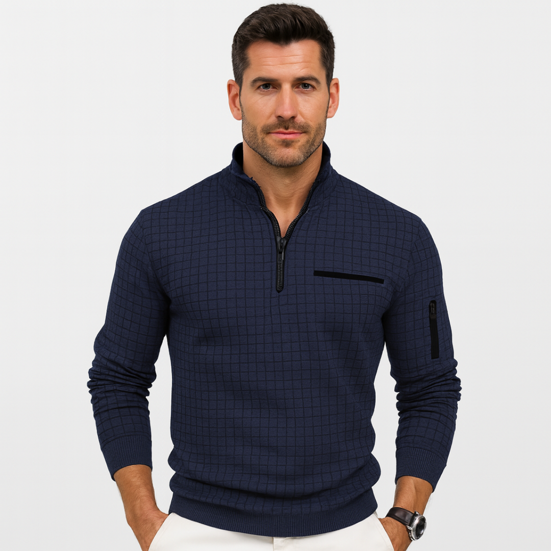 Men’s Grid Pattern Quarter Zip Pullover – British Elegance