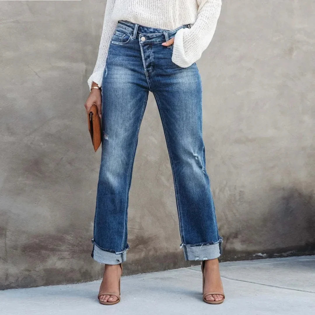 Isla Jeans | High Waist Straight-Leg Distressed Cuffed Jeans – British ...