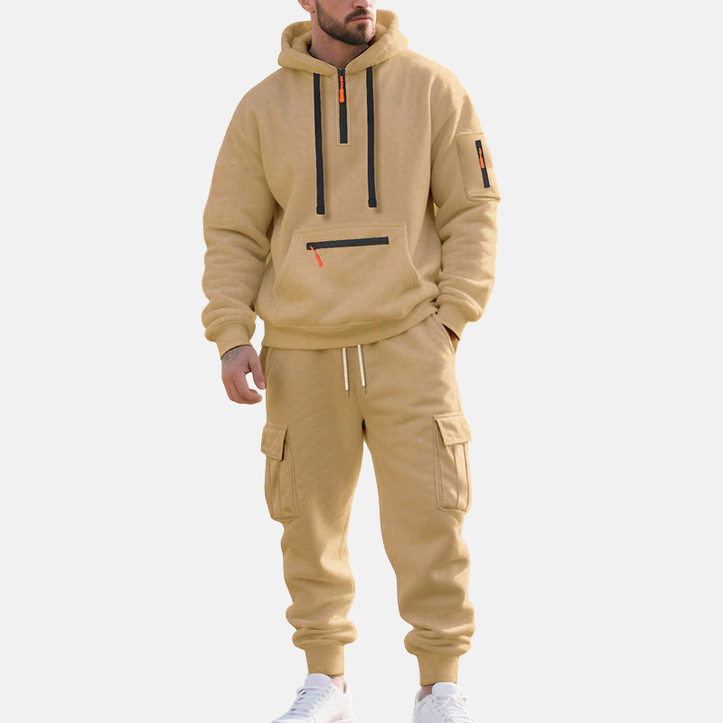 Men’s Tracksuit Set – Relaxed Fit Half-Zip Hoodie – Cargo Joggers with ...