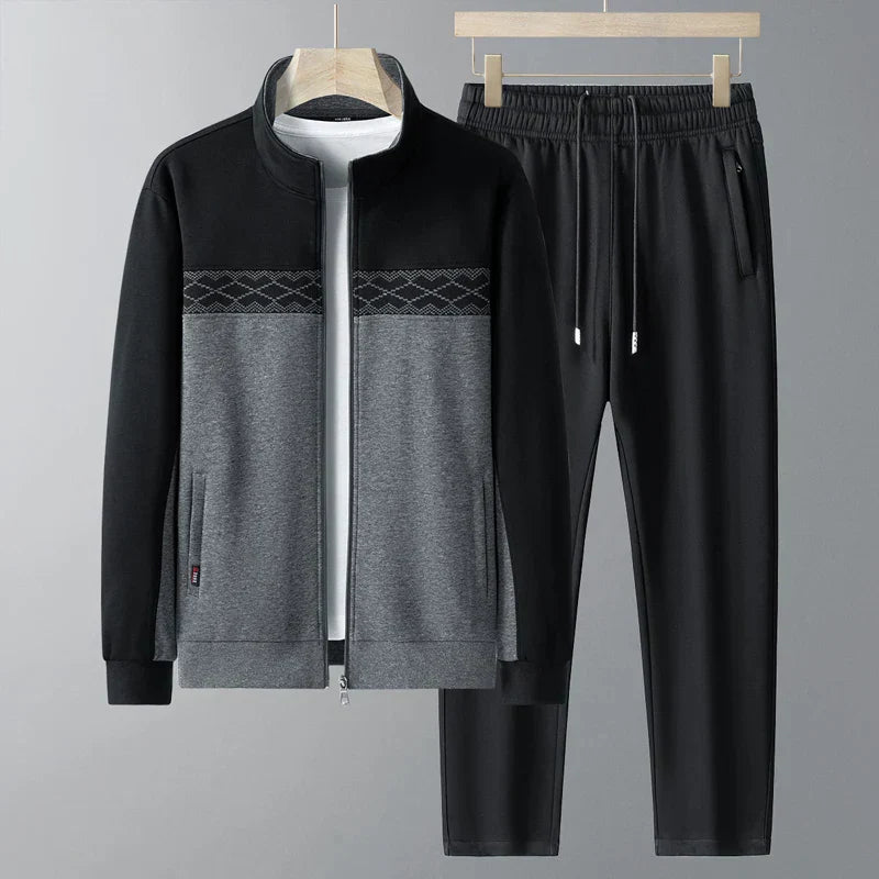 Men's Tracksuit Two Piece Set with Zip Jacket and Geometric Detail ...