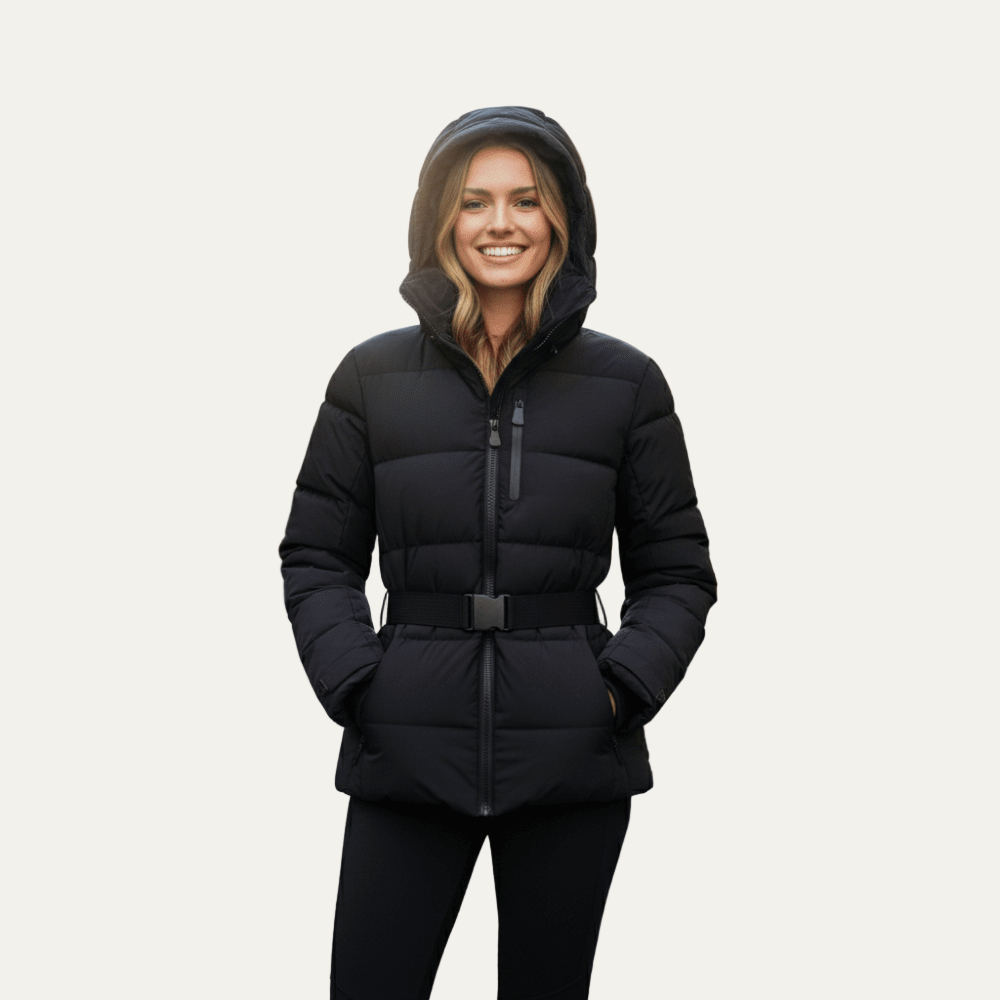 Women’s Metallic Belted Puffer Jacket – British Elegance