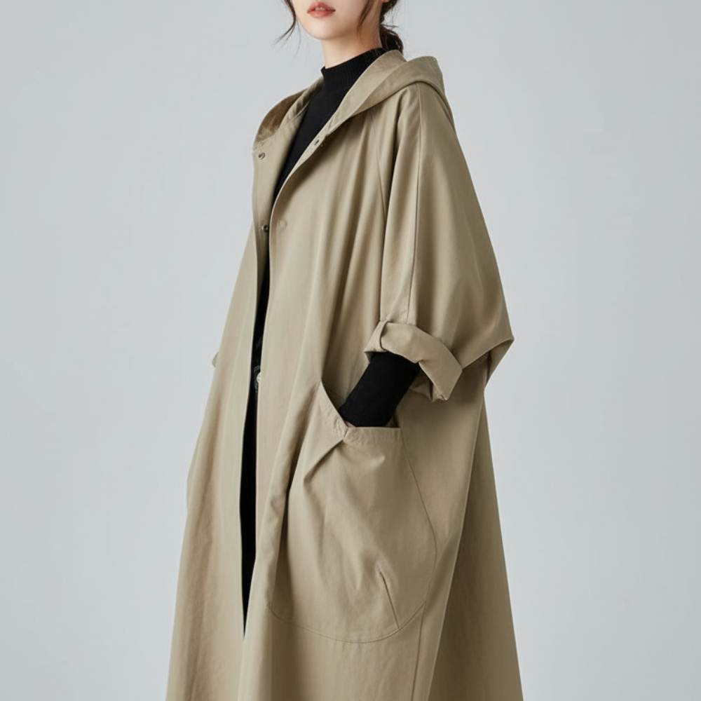 Livia | Women's Long Lightweight Trench Over Coat - Oversized Hooded ...