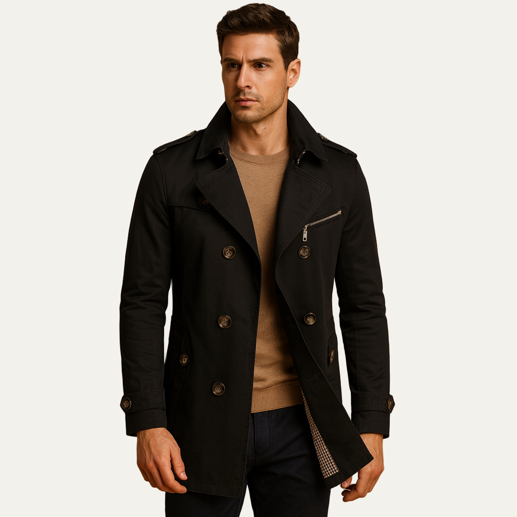 Men’s Double Breasted High Collar Trench Coat – British Elegance