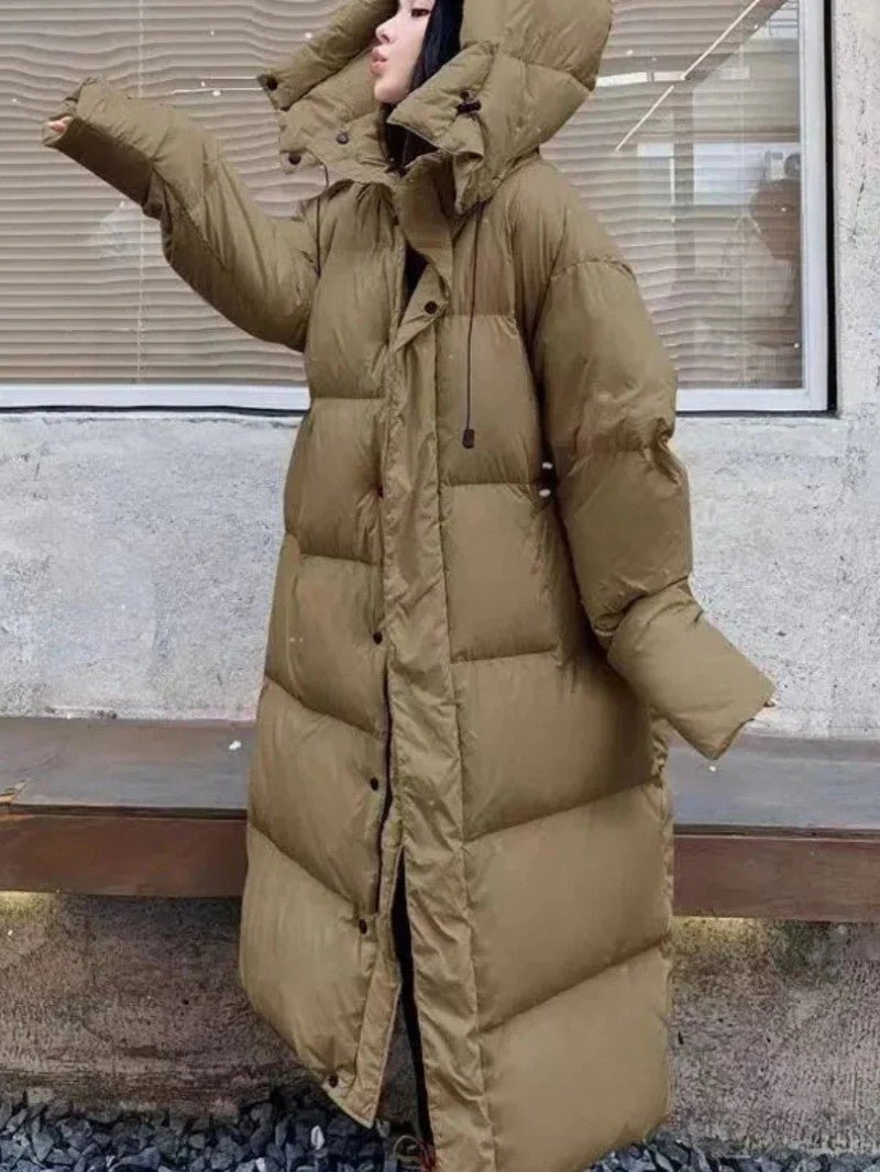Women's Long Puffer Coat with Hood – British Elegance